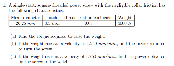 Solved A single-start, square-threaded power screw with the | Chegg.com