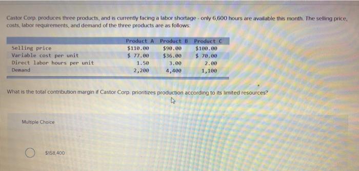 Solved Castor Corp. produces three products, and is | Chegg.com