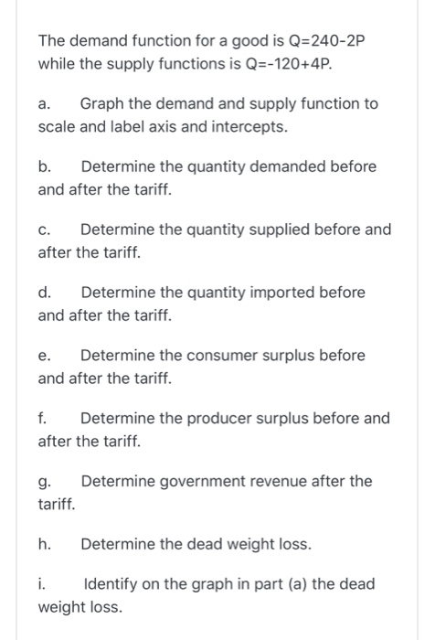 Solved The demand function for a good is Q=240-2P while the | Chegg.com