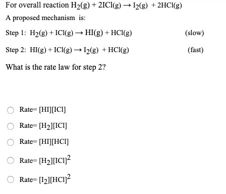 Solved For overall reaction H2(g) + 2Cl(g) → 12(g) + 2HCl(g) | Chegg.com
