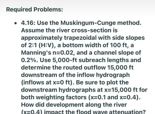 Required Problems: • 4.16: Use the Muskingum-Cunge | Chegg.com