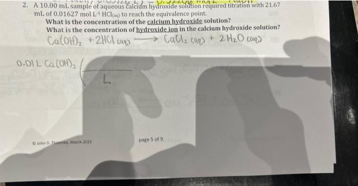 A 10.00 mL sample of aqueous calcium hydroxide | Chegg.com
