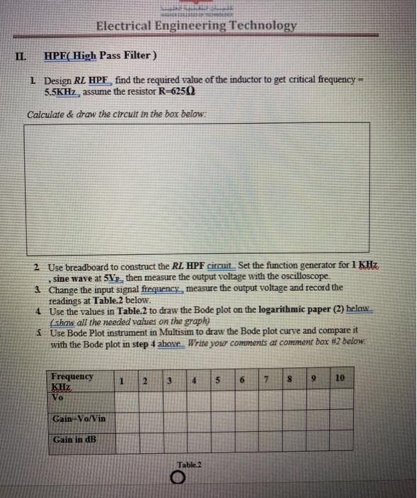 Solved Electrical Engineering Technology II. HPFC High Pass | Chegg.com