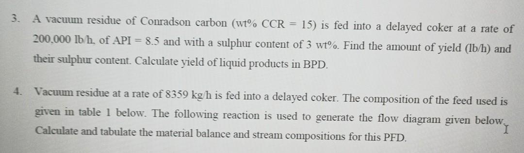 Solved 3. A vacuum residue of Conradson carbon (wt% CCR = | Chegg.com