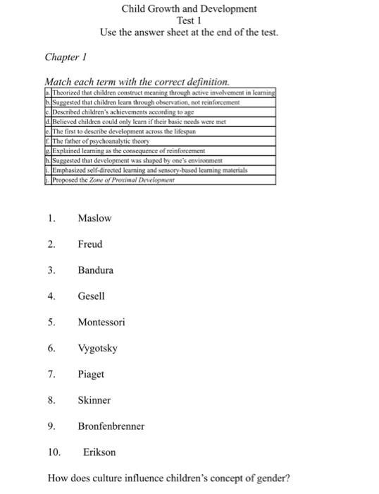 Child Growth and Development Test 1 Use the answer | Chegg.com