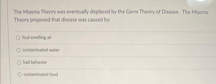 Solved The Miasma Theory was eventually displaced by the | Chegg.com