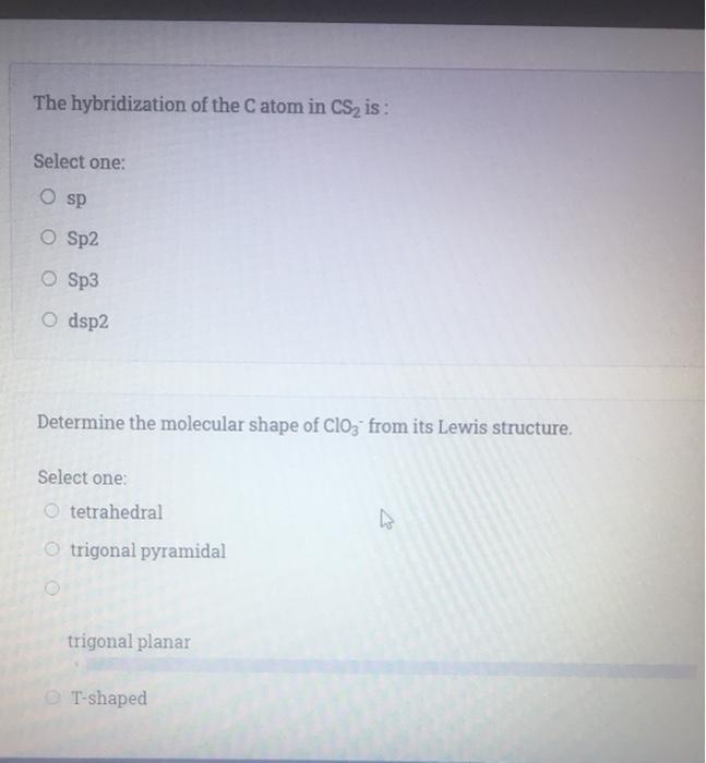 Solved The hybridization of the C atom in CS2 is: Select | Chegg.com