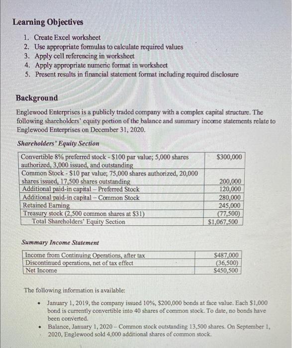 Solved Learning Objectives 1. Create Excel worksheet 2. Use | Chegg.com