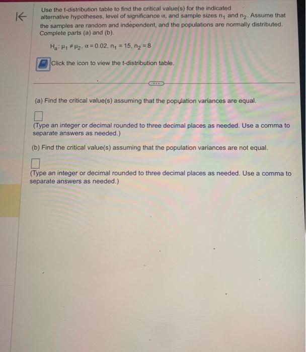 Solved Use the t-distribution table to find the critical | Chegg.com