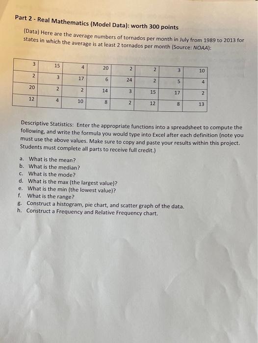 Solved Part 2 - Real Mathematics (Model Data): worth 300 | Chegg.com