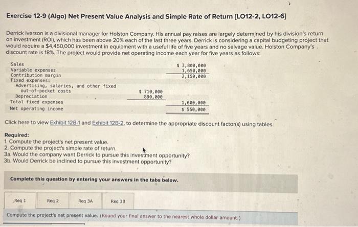 Solved Exercise 12-9 (Algo) Net Present Value Analysis and | Chegg.com