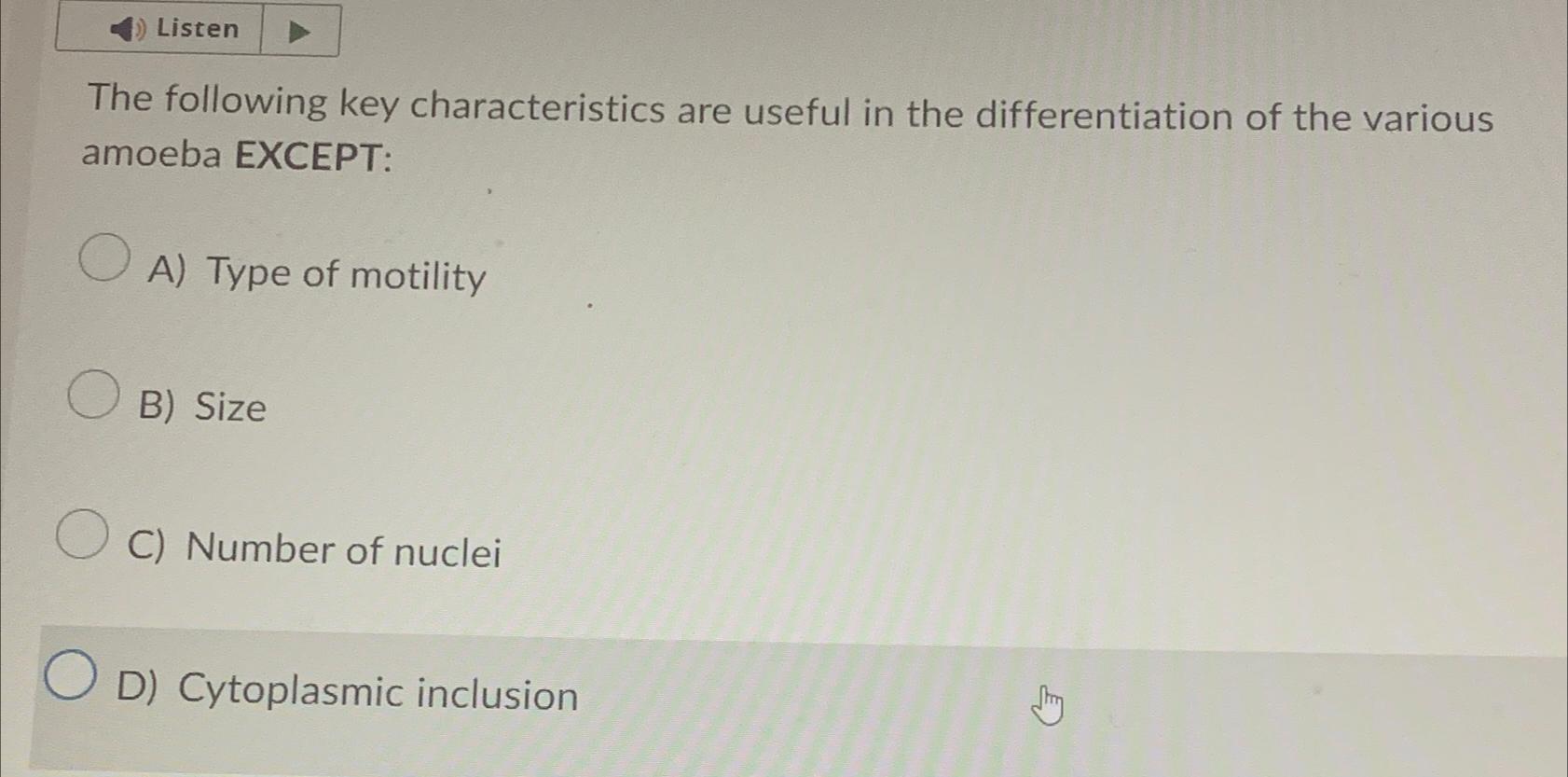 Solved ListenThe following key characteristics are useful in | Chegg.com
