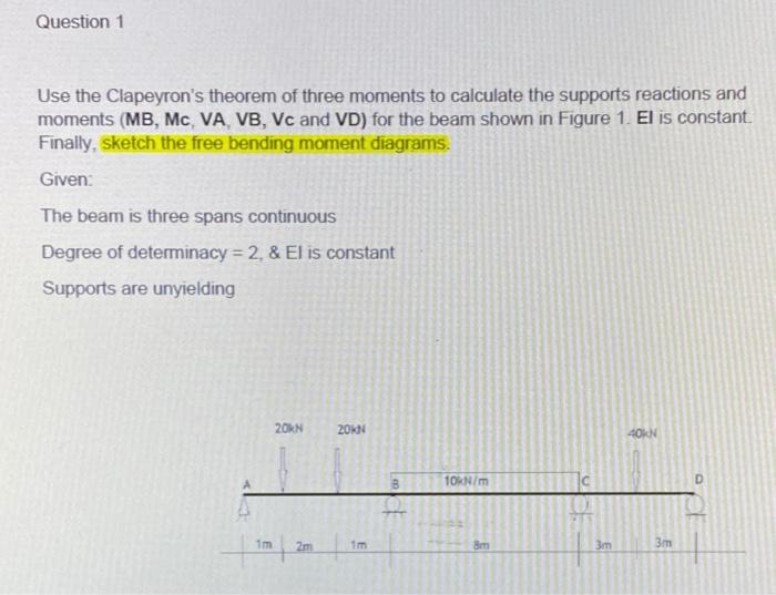 Solved Question 1 Use the Clapeyron's theorem of three | Chegg.com