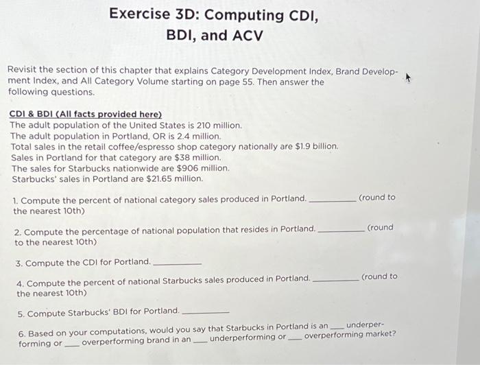 Solved Exercise 3D: Computing CDI, BDI, and ACV Revisit the | Chegg.com
