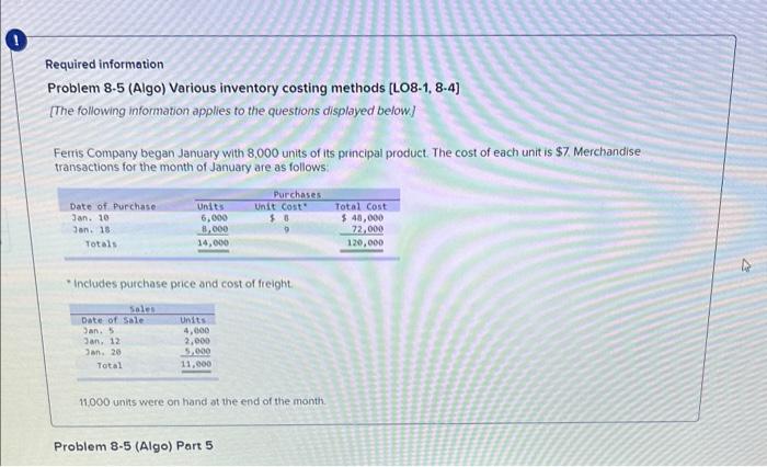 Solved Required information Problem 8-5 (Algo) Various | Chegg.com