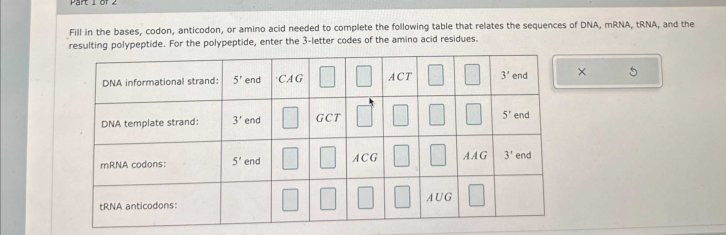 Solved Fill in the bases, codon, anticodon, or amino acid | Chegg.com