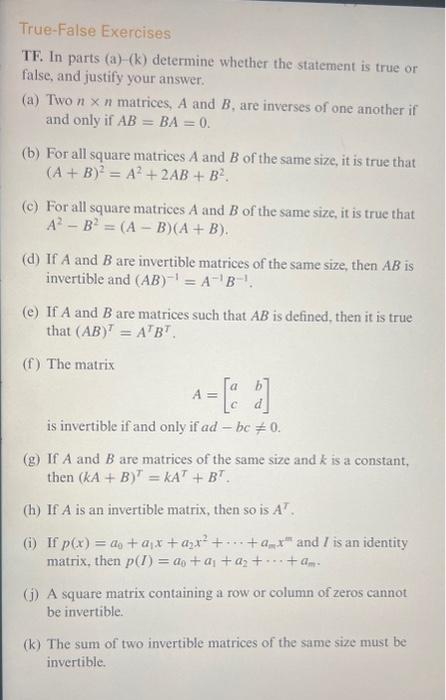 Solved True-False Exercises TF. In parts (a)-(k) determine | Chegg.com