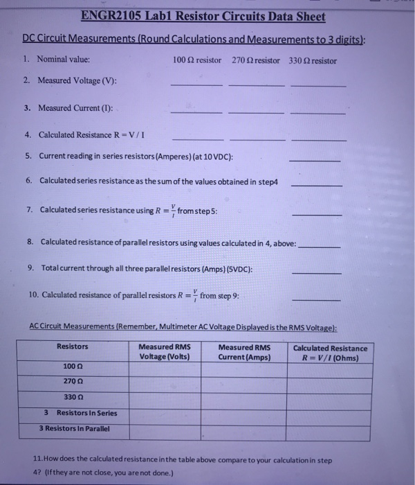 Solved ENGR2105 Lab1 Resistor Circuits Data Sheet DC Circuit | Chegg.com