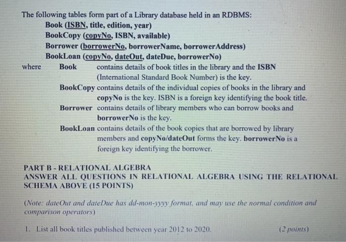 Solved The following tables form part of a Library database | Chegg.com