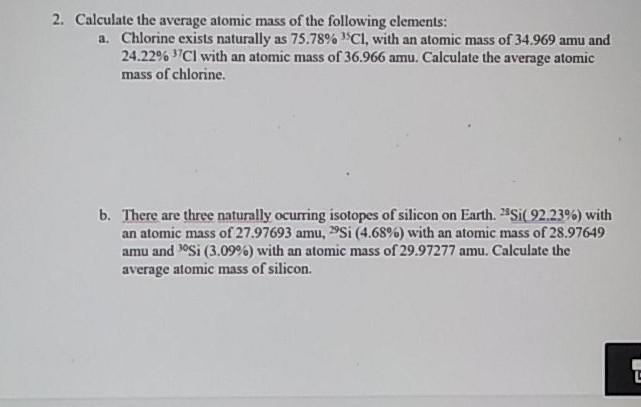 Solved 2. Calculate the average atomic mass of the following | Chegg.com