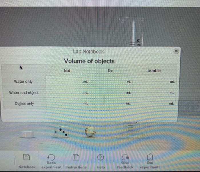 - Lab Notebook Volume of objects Nut Die Marble Water | Chegg.com