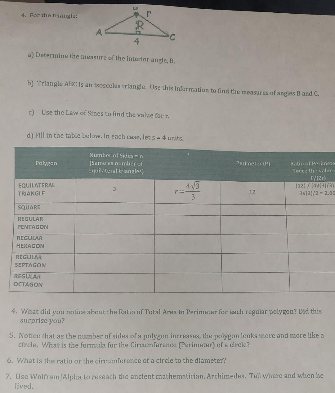 Solved 4. For the triangle: R 4 a) Determine the measure of | Chegg.com