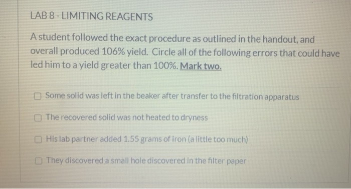 Solved LAB 8 - LIMITING REAGENTS A student followed the | Chegg.com