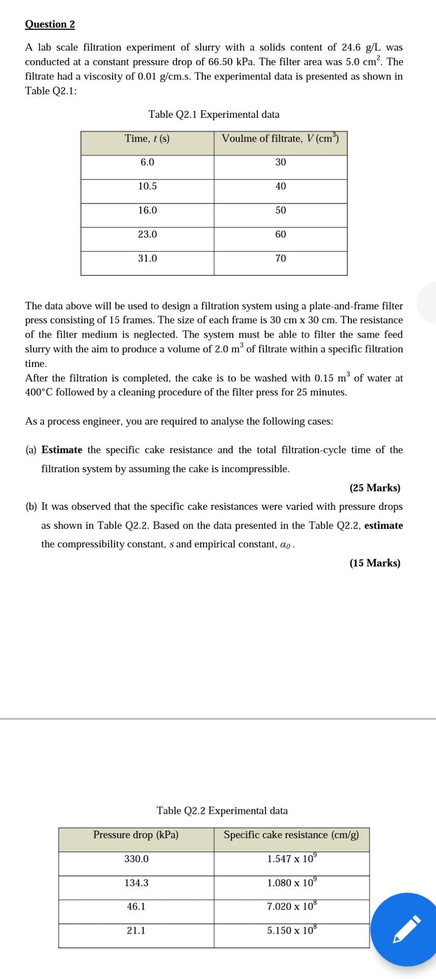 Solved Question 2 A lab scale filtration experiment of | Chegg.com