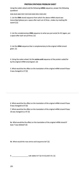 Solved PROTEIN SYNTHESIS PROBLEM SHEET Using the codon wheel | Chegg.com