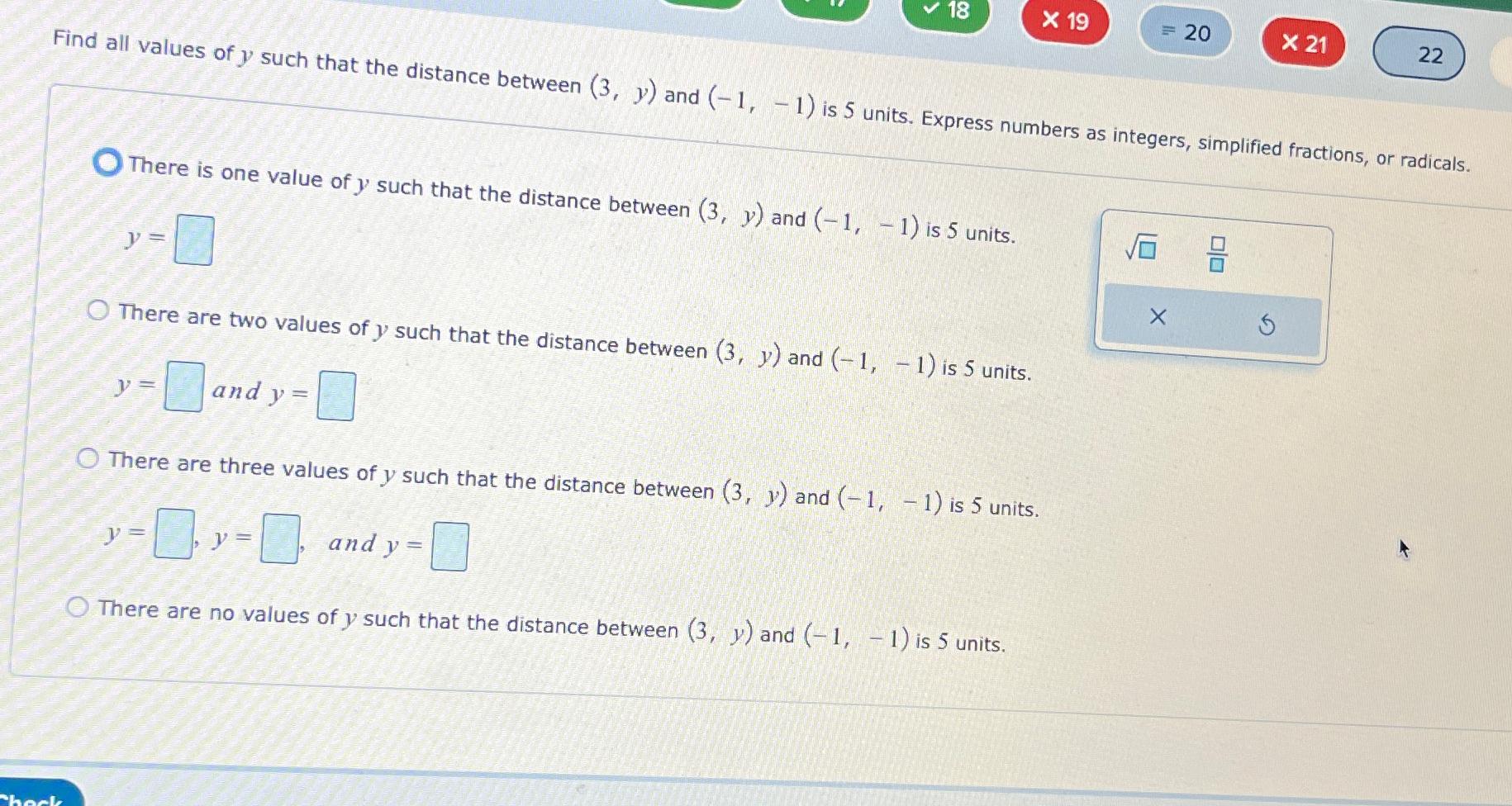 Solved Find all values of y ﻿such that the distance between | Chegg.com