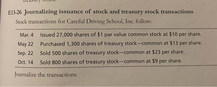 Solved E13-26 Journalizing issuance of stock and treasury | Chegg.com