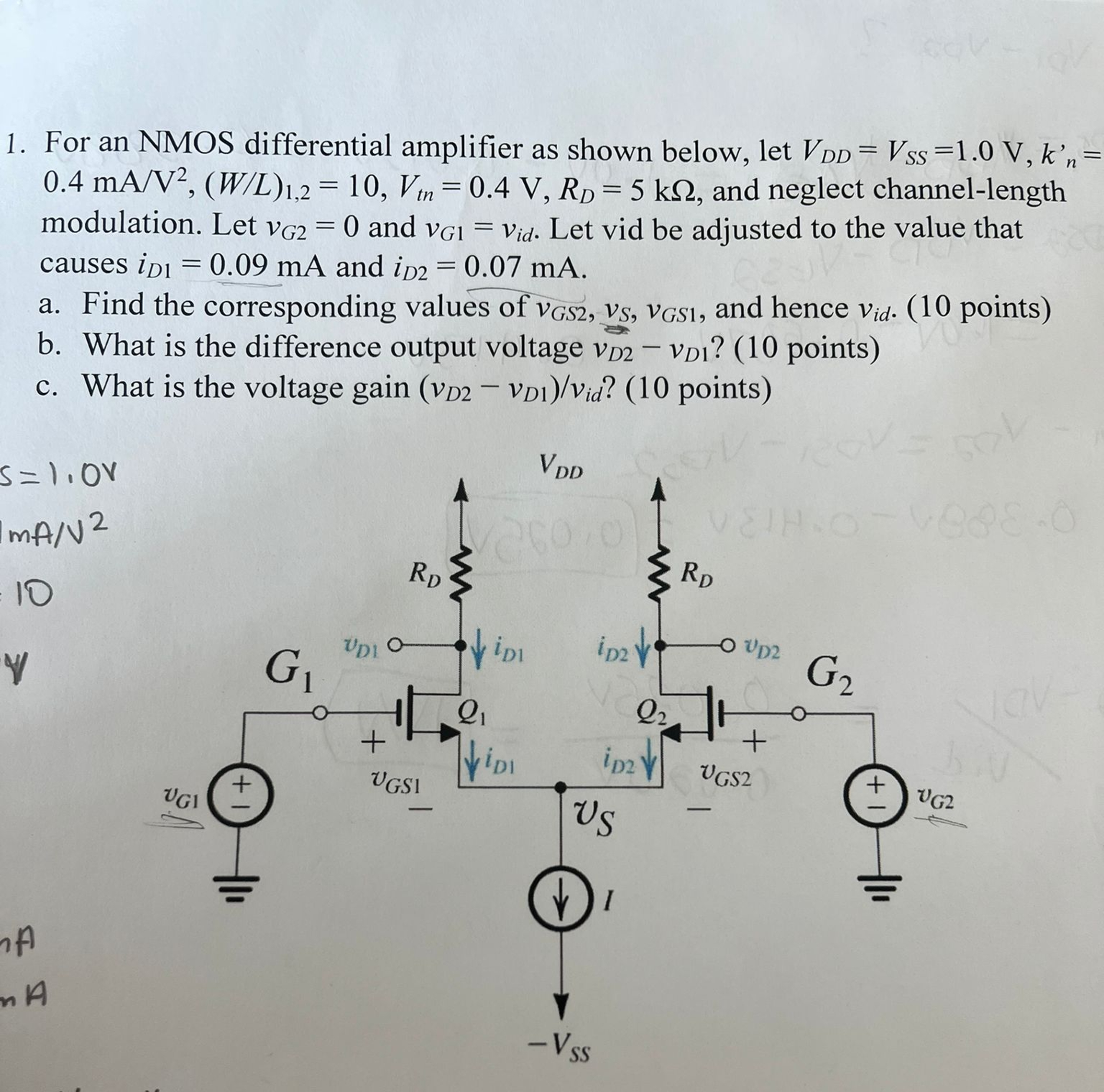 Solved For an NMOS differential amplifier as shown below, | Chegg.com