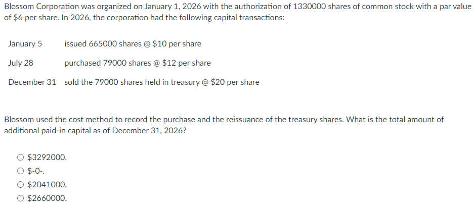 Solved Blossom Corporation was organized on January 1, 2026 | Chegg.com
