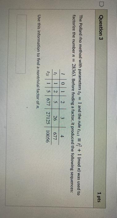 Solved Question 3 1 pts The Pollard rho method with | Chegg.com