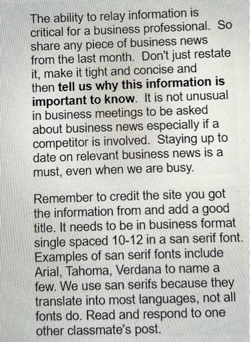 The ability to relay information is critical for a | Chegg.com