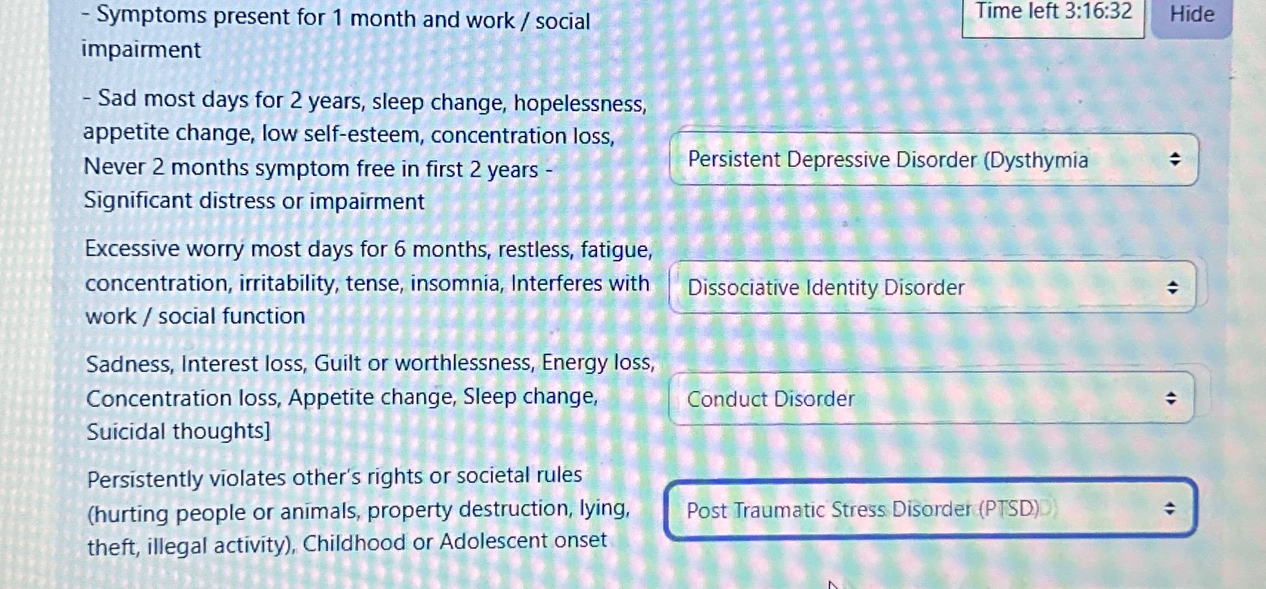 Solved Match the correct Symptom/DSM Criteria to the | Chegg.com