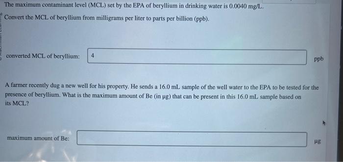 Solved The maximum contaminant level (MCL) set by the EPA of | Chegg.com