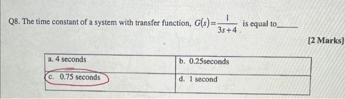 Solved Q8. The time constant of a system with transfer | Chegg.com