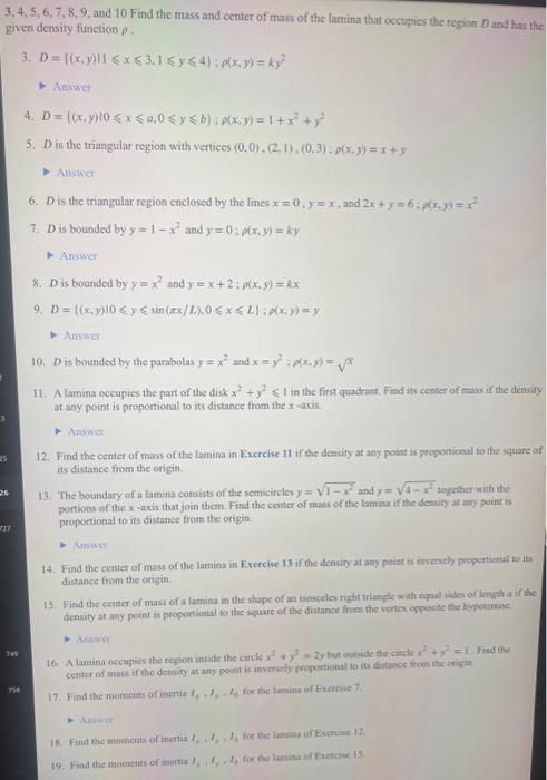Solved 3,4,5,6,7,8,9, and 10 Find the mass and center of | Chegg.com