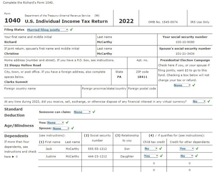 Complete the Richard's Form 1040. Form Department of | Chegg.com