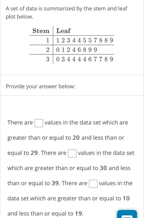 Solved A set of data is summarized by the stem and leaf plot | Chegg.com
