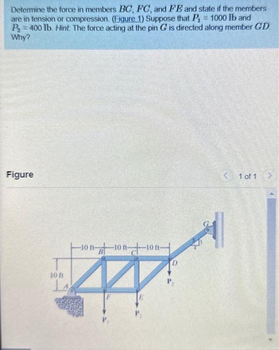 [Solved]: Determine the force in members BC,FC, and FE and