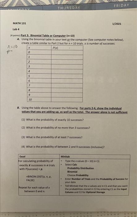 Solved (4 points) Part 3: Binomial Table or Computer (n=10) | Chegg.com