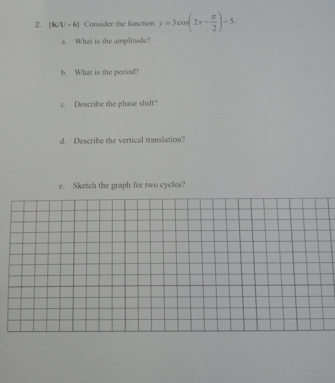 Solved 2. {K/U−6} Consider the function y=3cos(2x−2π)−5. a. | Chegg.com