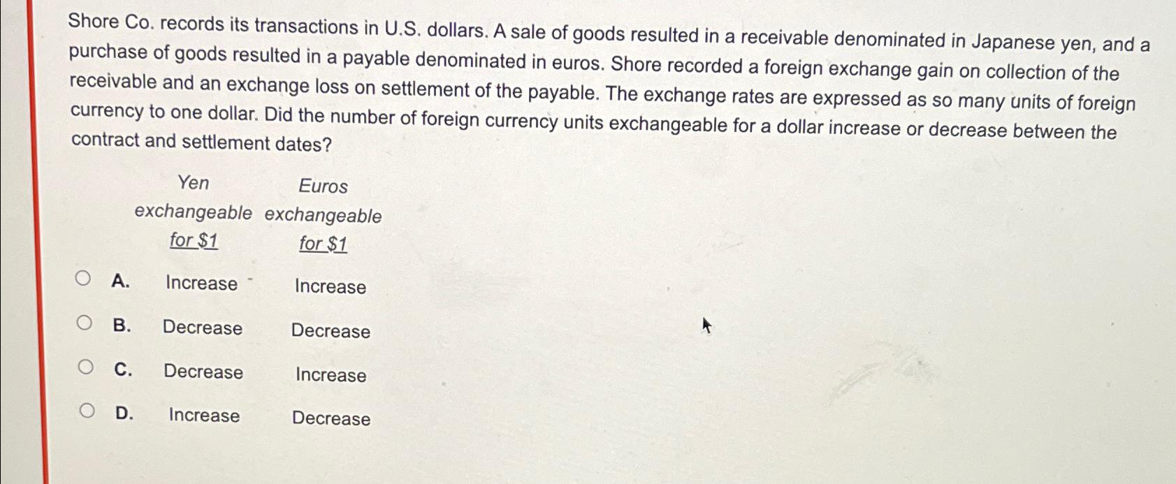 Solved Shore Co. records its transactions in U.S. dollars. A | Chegg.com