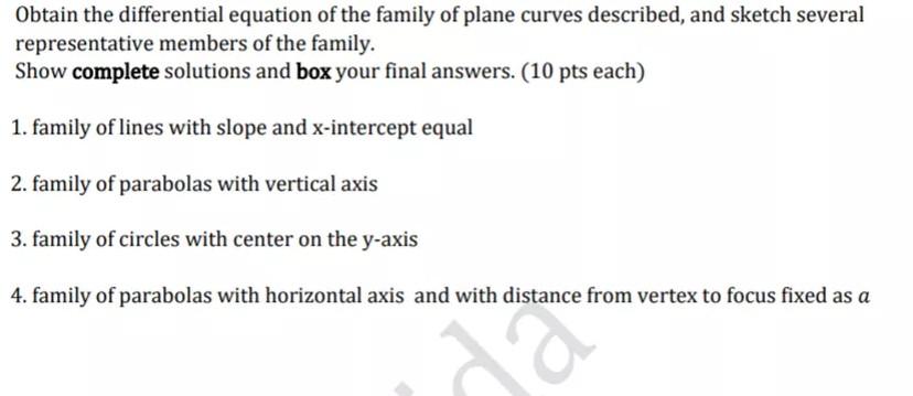 Solved Obtain the differential equation of the family of | Chegg.com