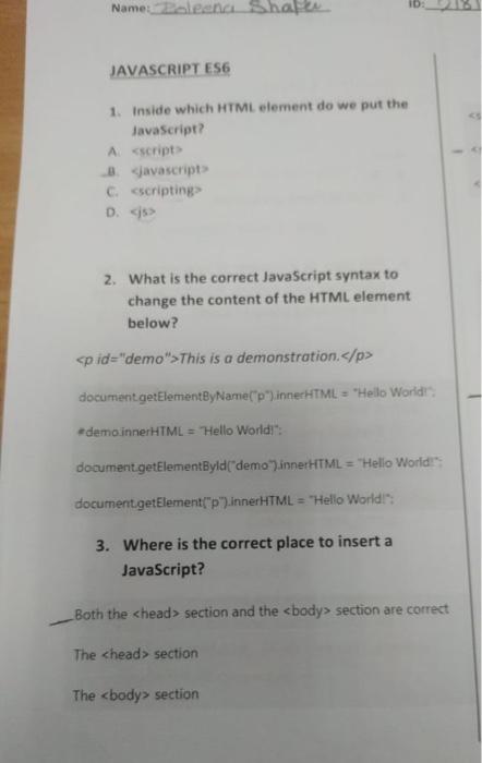 Solved Name Zoleena Shape JAVASCRIPT ES6 1. Inside which | Chegg.com