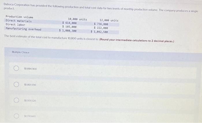 Solved Babuca Corporation has provided the following | Chegg.com