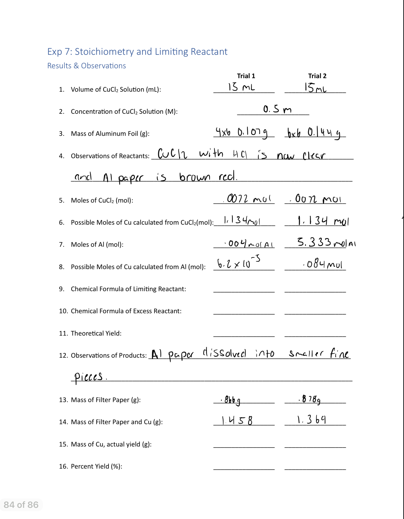 Solved Exp 7: Stoichiometry and Limiting ReactantResults & | Chegg.com