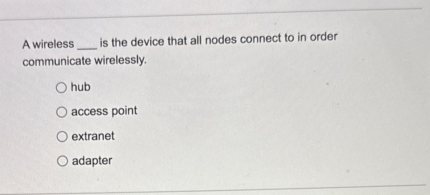 Solved A wireless is the device that all nodes connect to in | Chegg.com
